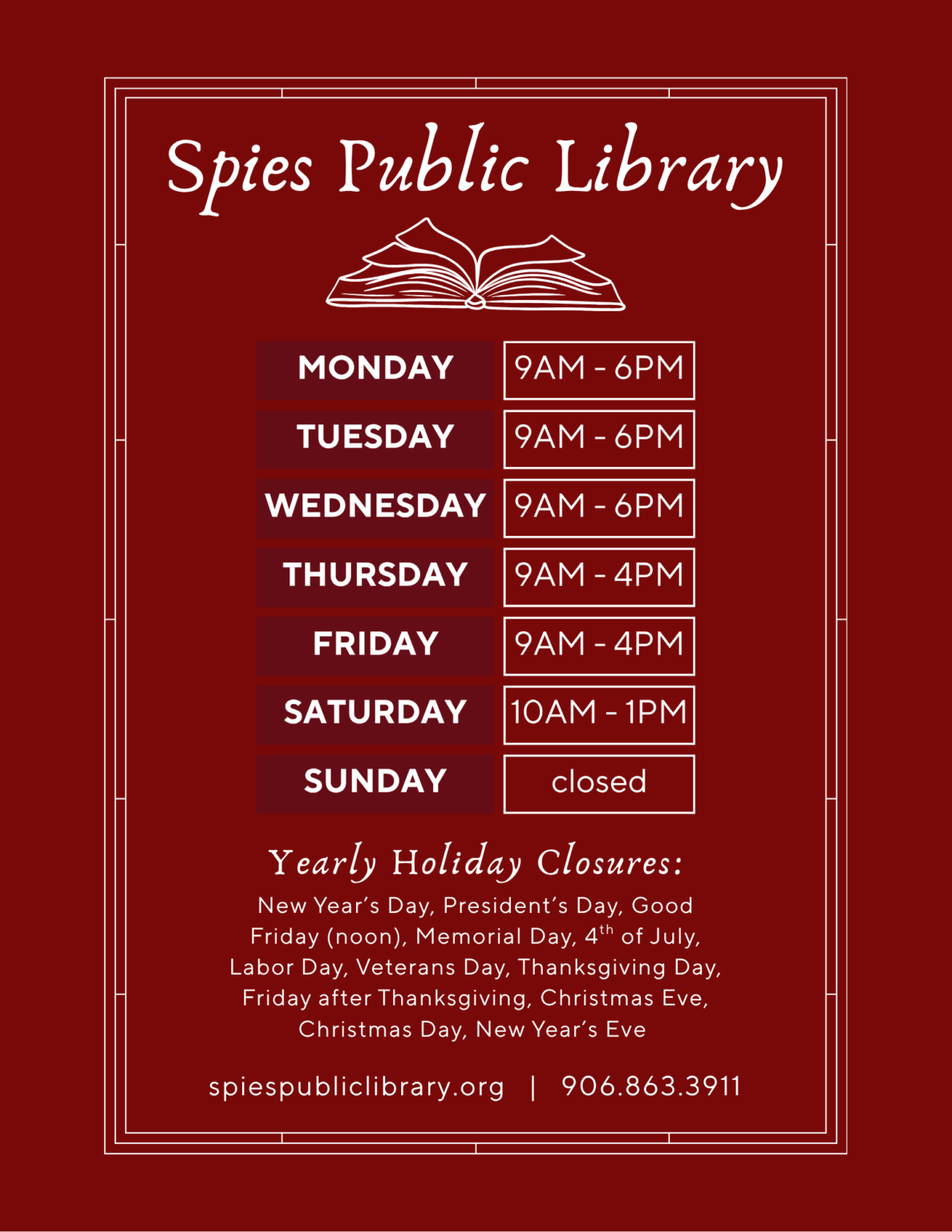 Library Hours – Spies Public Library
